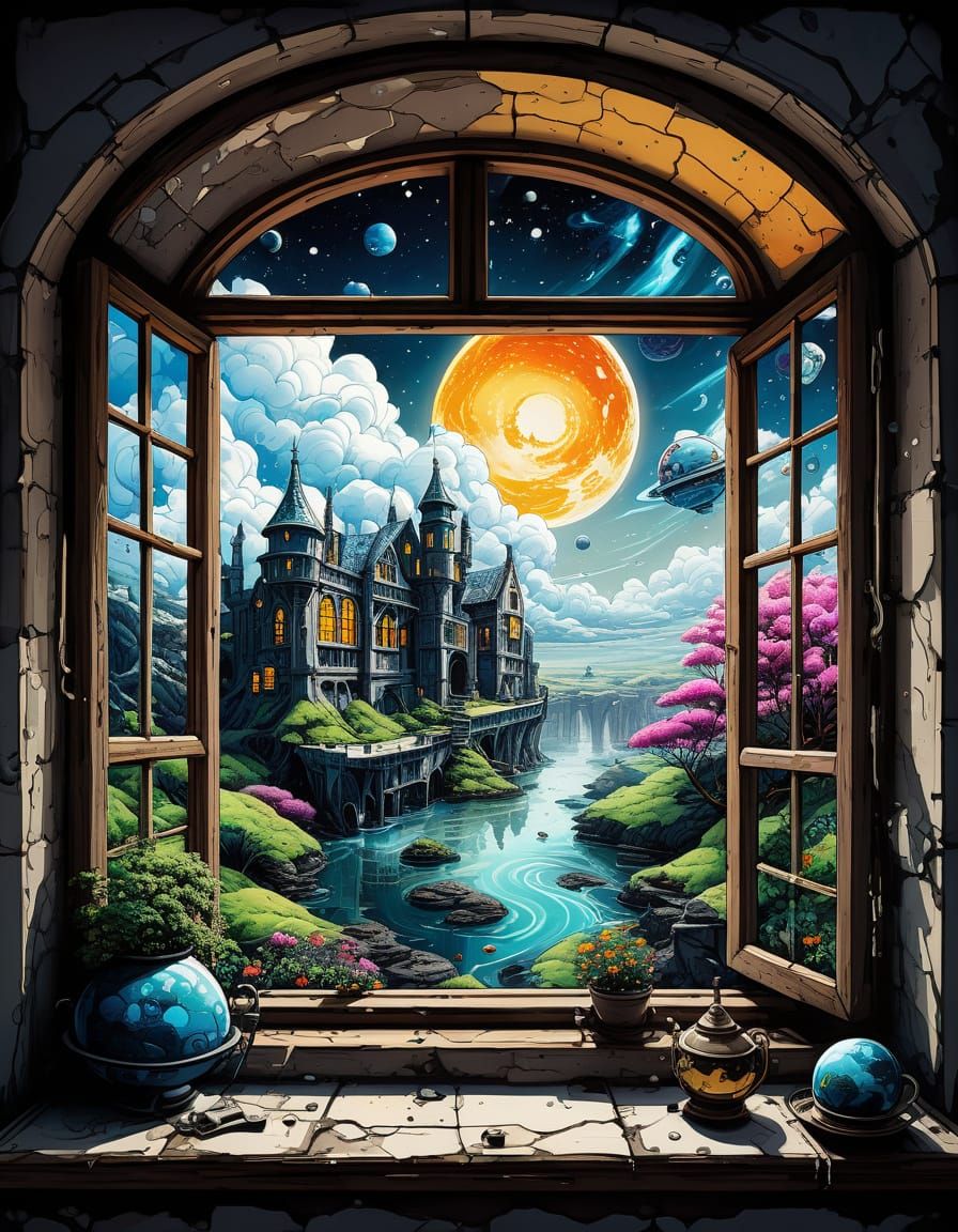 View - Surreal Medieval Window Gaze into a Futuristic Galaxy