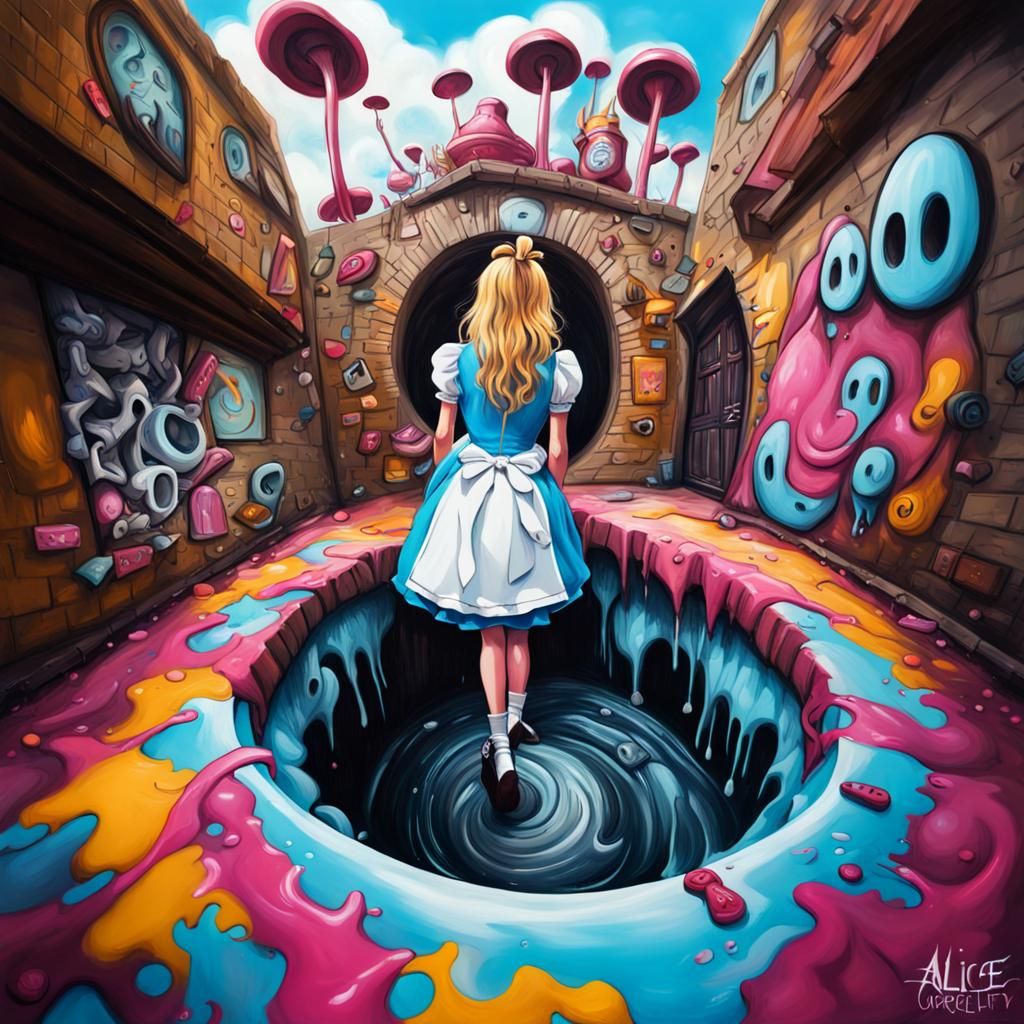 Alice in Wonderland falls down the rabbit hole graffiti art, splash art ...