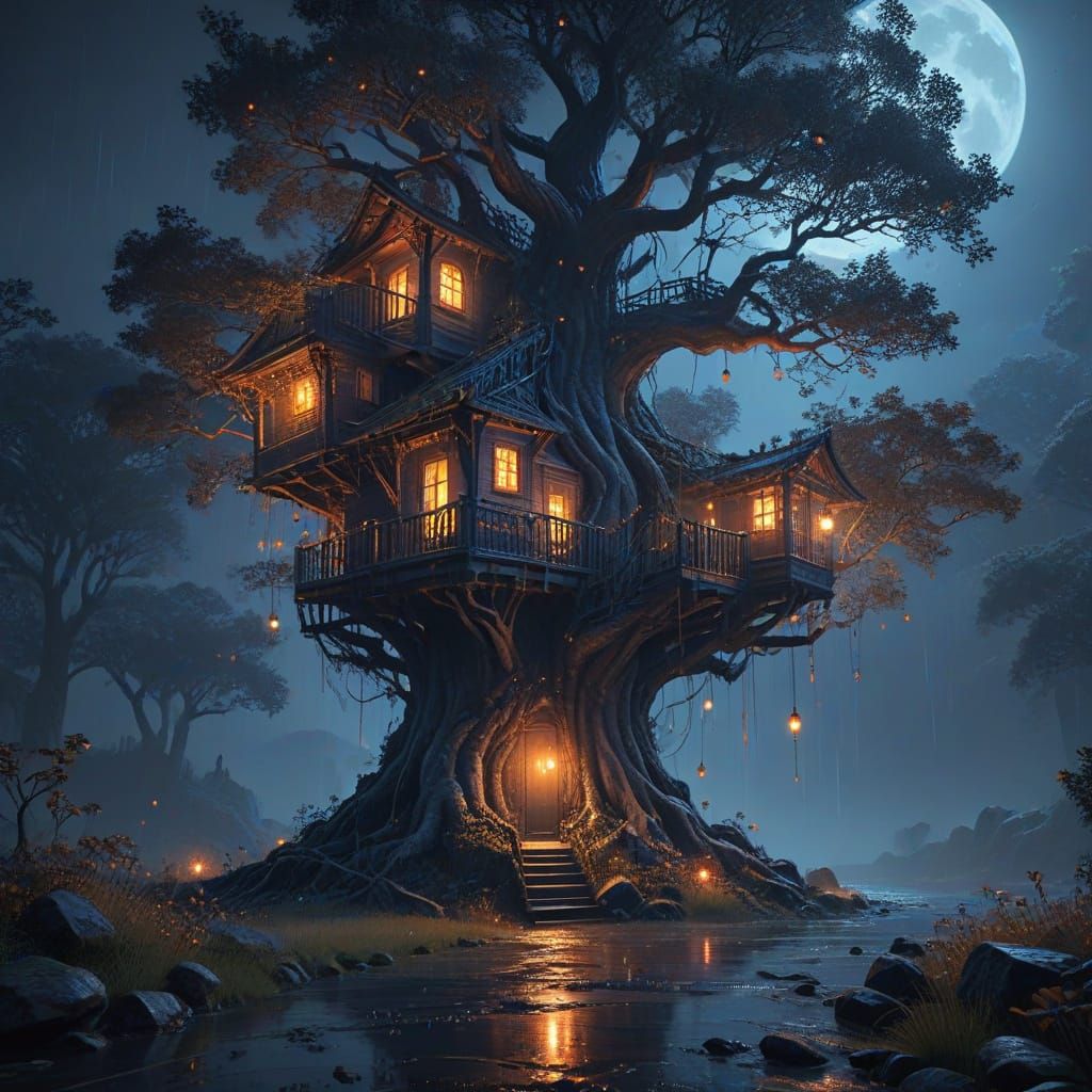 Mystical Tree House Illuminated by Moonlight in a ... - AI Art