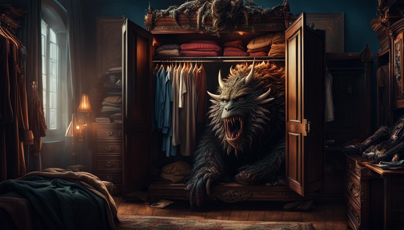 Sleeping monster in wardrobe overloaded by clothes - AI Generated ...