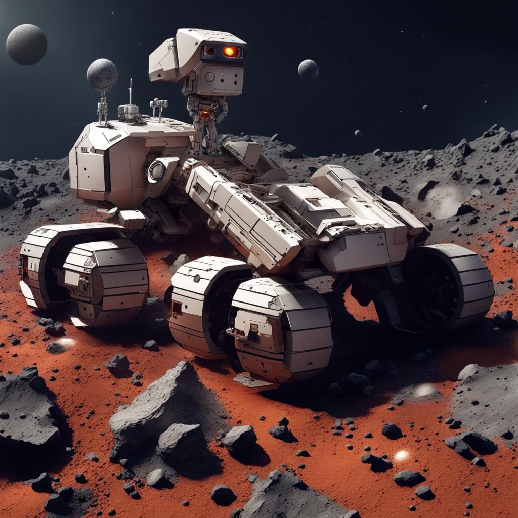 space bot on a mineral-rich asteroid excavating minerals from the edge ...