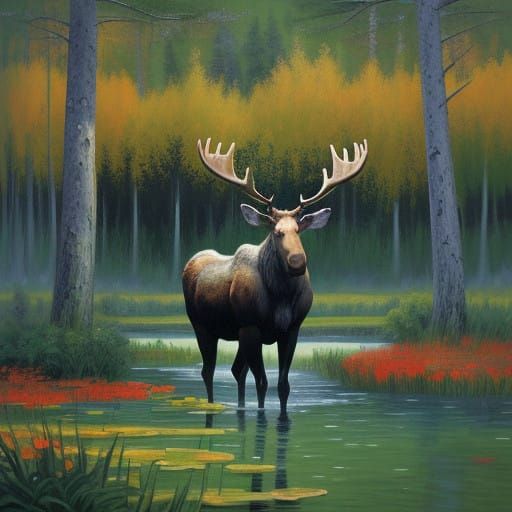 Majestic Moose in Vibrant Forest, Comic Book Style - AI Art