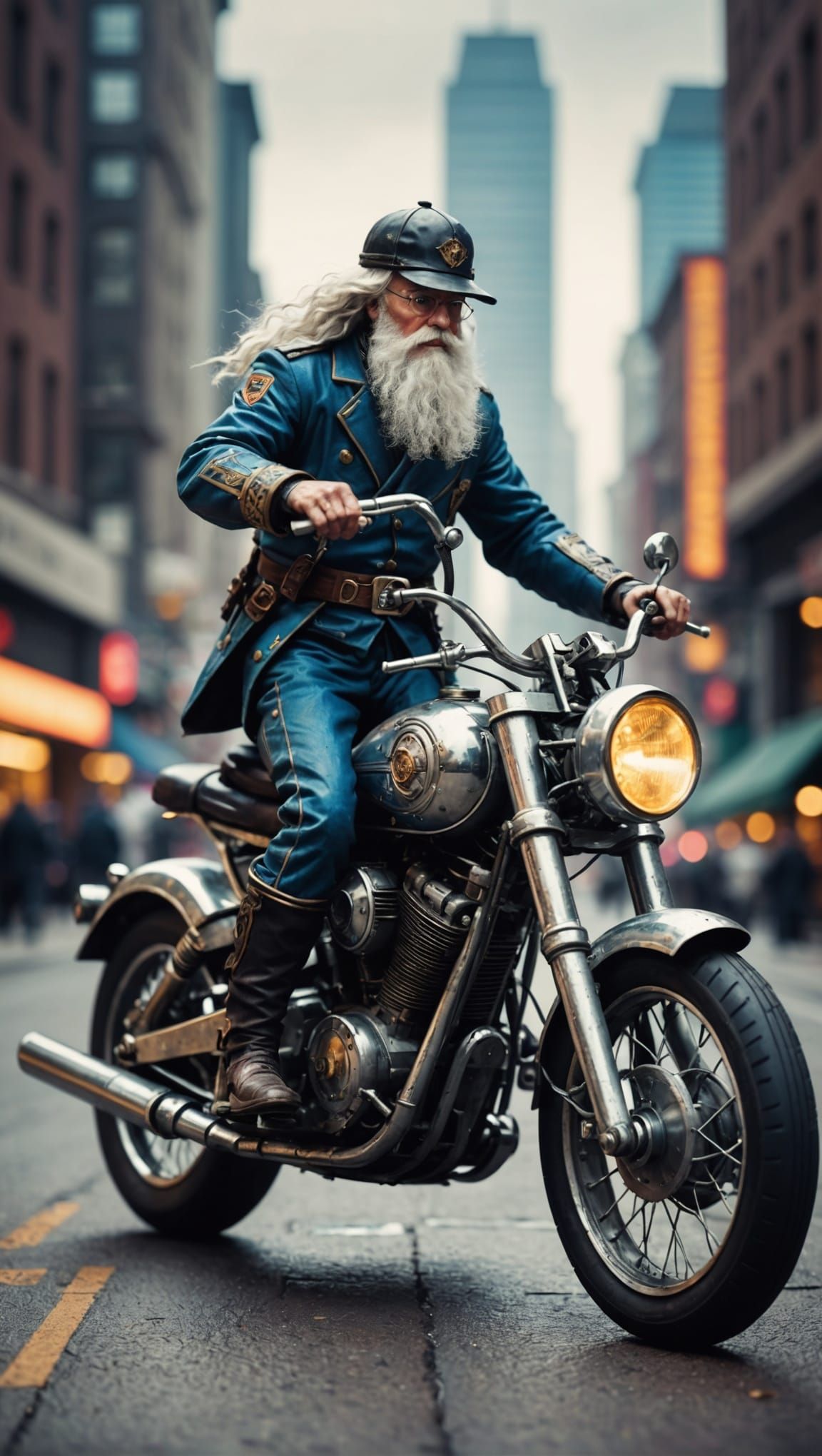 1800s atlas tilt-shift glitchcore wizard riding a futuristic motorcycle ...