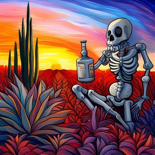 a skeleton jimador drinking tequila from a clay jug in the middle of an ...