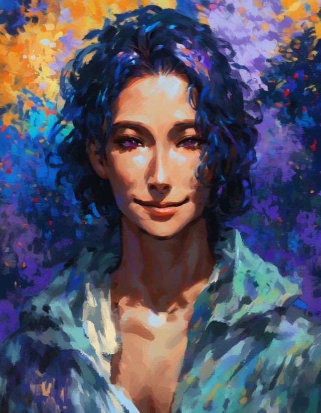 Anime with painterly triadic colors shading. (Smile:1.1) The image is ...