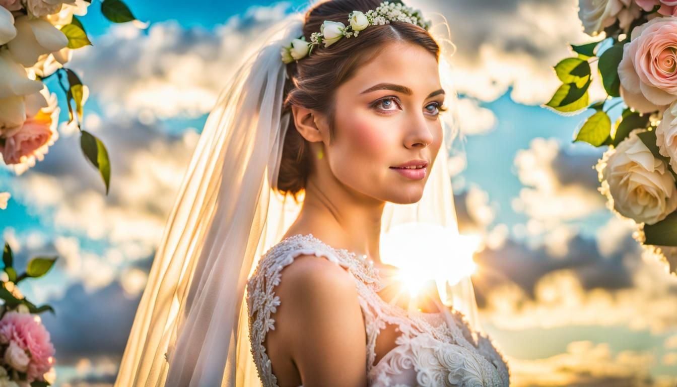 A beautiful bride is wearing pastel florals as her wedding gown, hyper ...