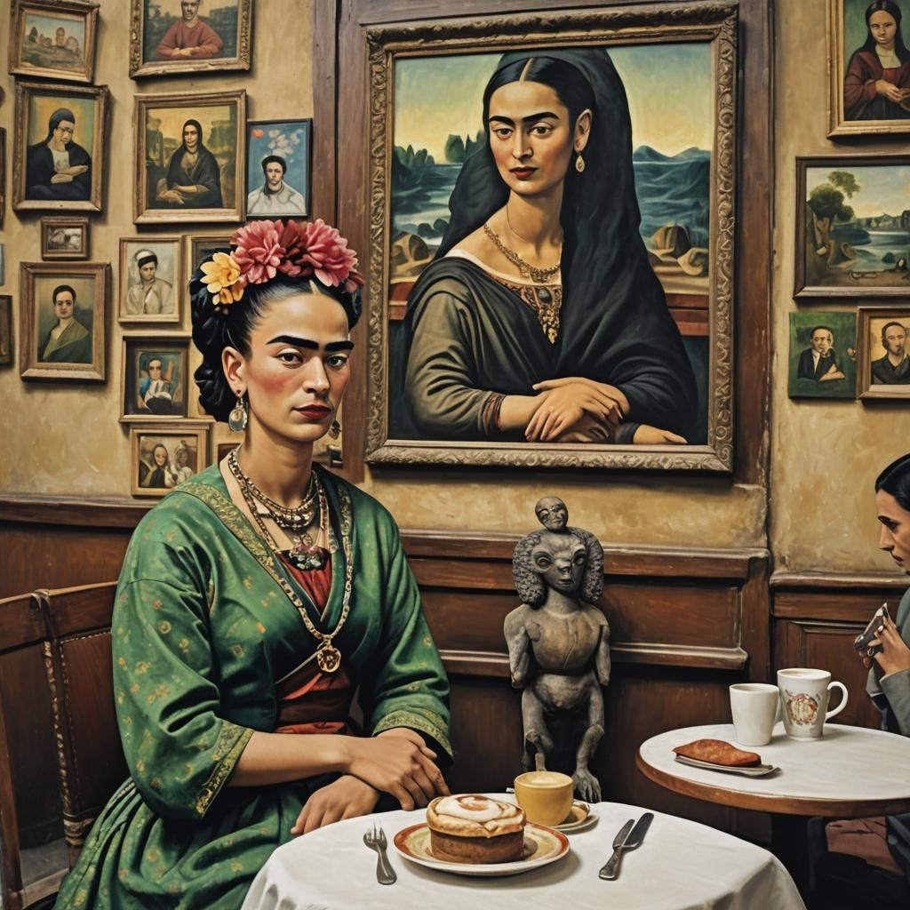Frida kahlo and mona lisa in Paris in a cafe - AI Generated Artwork ...