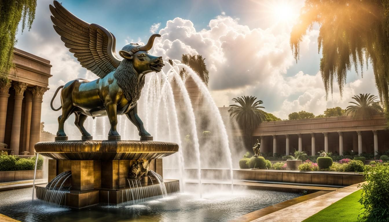 Hanging Gardens of Babylon - Sculpture of Assyrian bull fountain ...