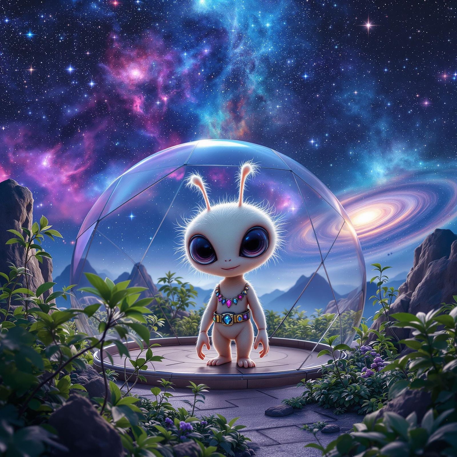 Cute Alien - Whimsical Alien in a Geodesic Dome Amidst a Vib...