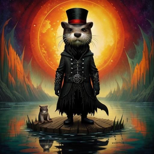 A battle otter walking on a turbulent lake in a magical fantasy world ...