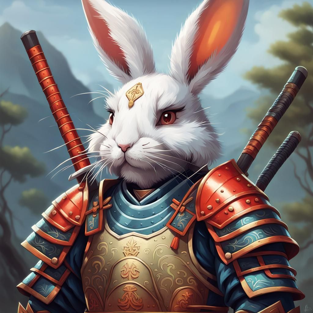 Head and shoulders-Shot of a Cute Anthropomorphic bunny Wearing samurai ...