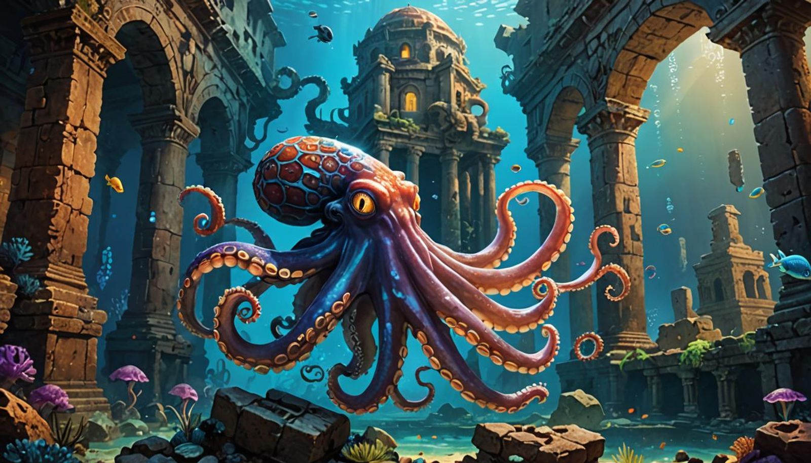 a shiny, colorful octopus swims through sunken, ancient city ruins ...