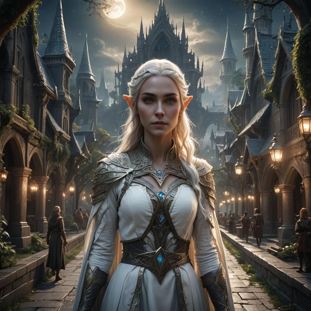 A great elven city among trees, with elves dressed in white moving ...