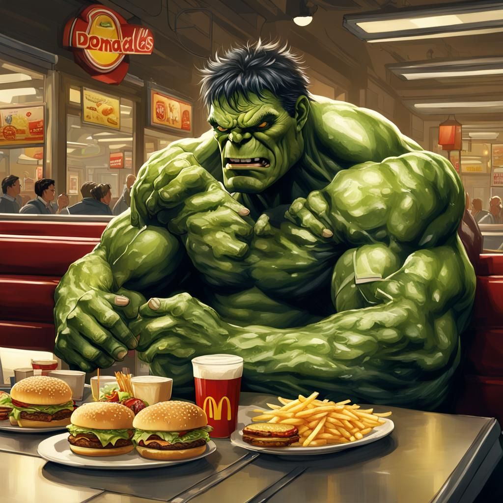 Hulk is very hungry and go in a burger restaurant - AI Generated ...