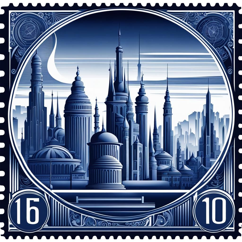 Postage stamp design of an architectural cityscape. High fantasy ...