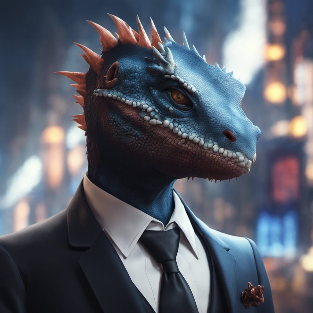 Blue lizard man butler with a strong thick jaw in a nice black suit ...