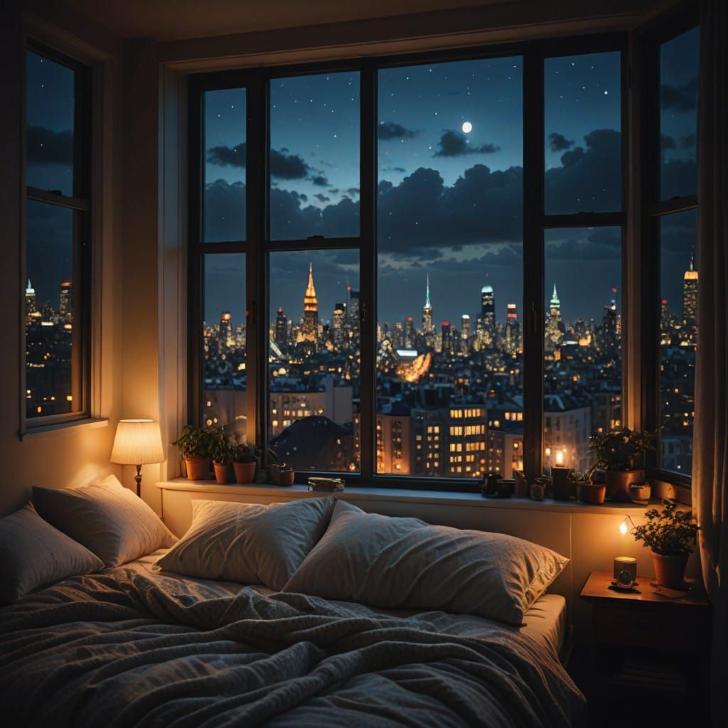 Warm Cityscape Scene at Night with Cozy Bedroom De... - AI Art