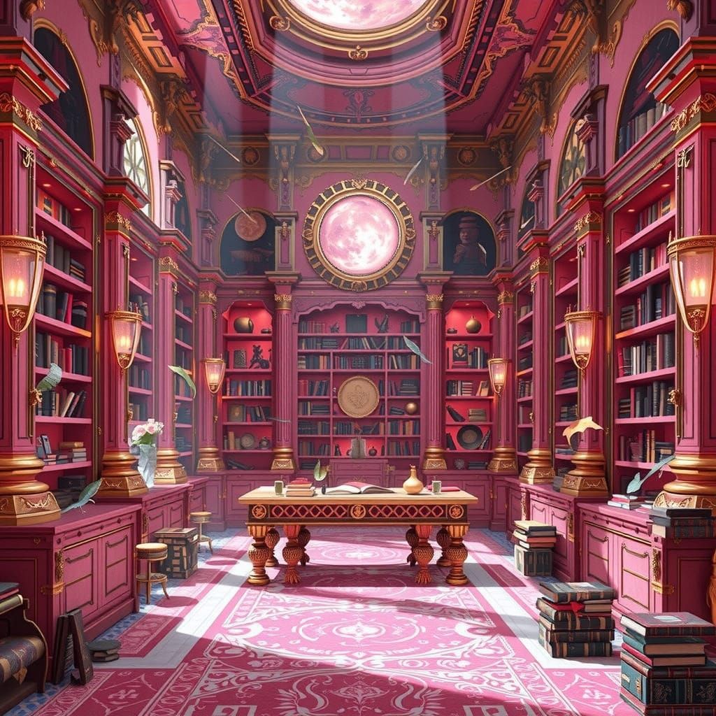 Rose-Hued Library of Wonder and Enchantment - AI Art