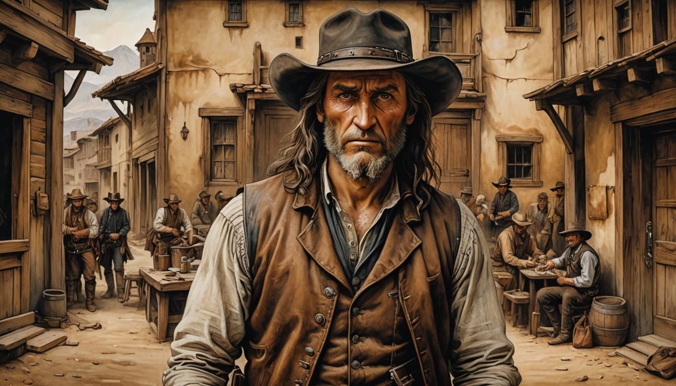 Cowboy in a Wild Western Town, painted by Leonardo Da Vinci - AI ...