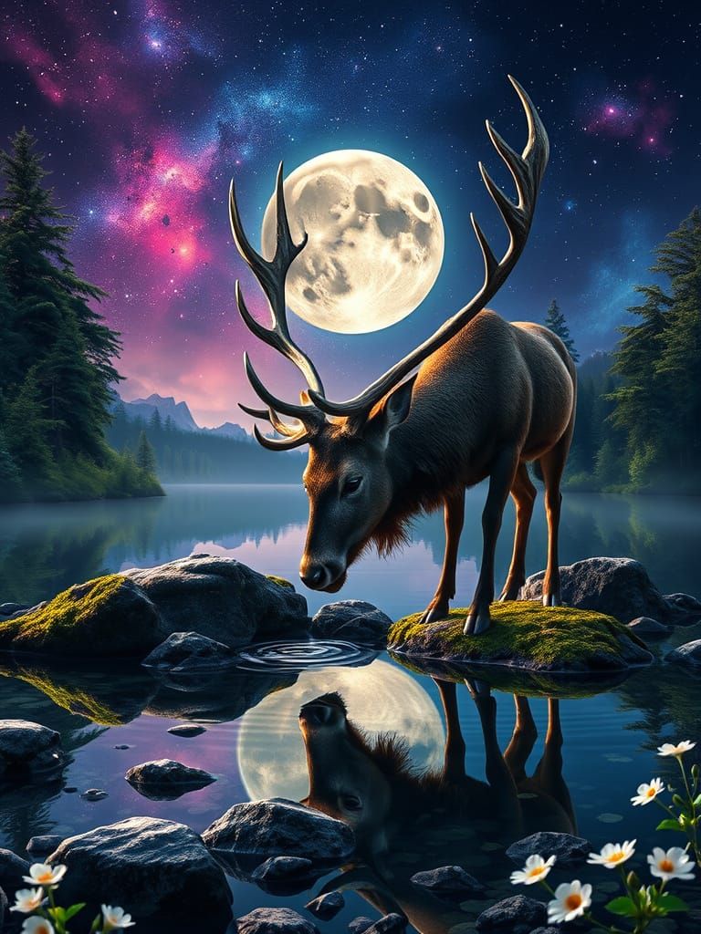 stag drinking at the edge of a lake under the full moon