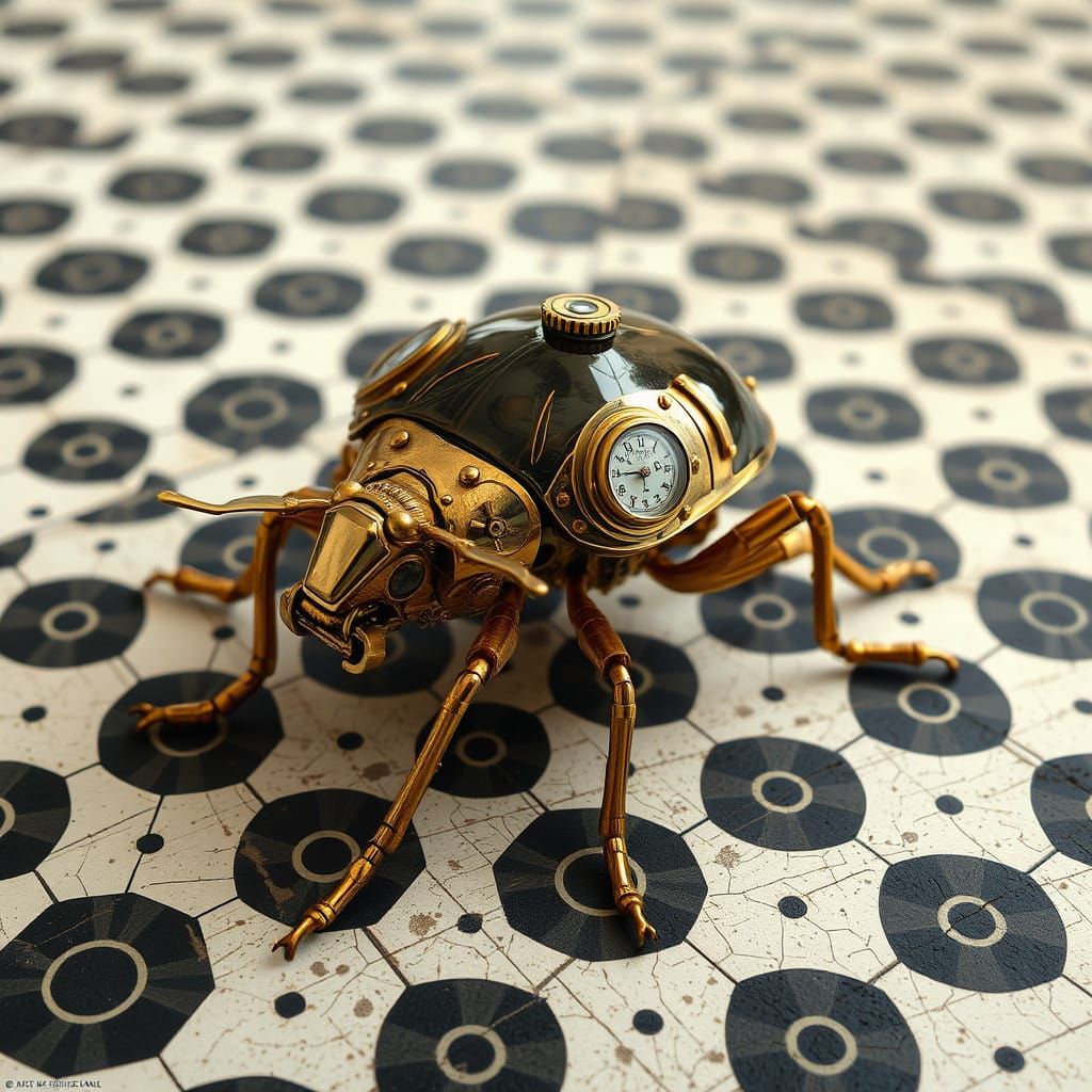 Steampunk Beetle Crawls over Victorian Tiles in a ... - AI Art
