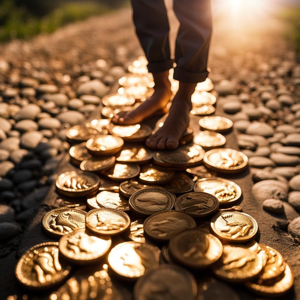 Closeup top view of a man’s feet wearing sandals, standing on a path ...