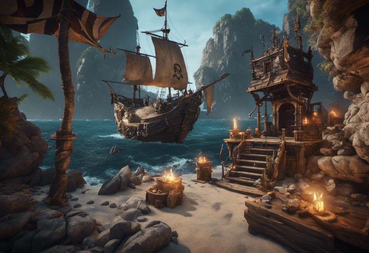 a secret lair for pirates hidden along a rocky coast. Decorated with ...