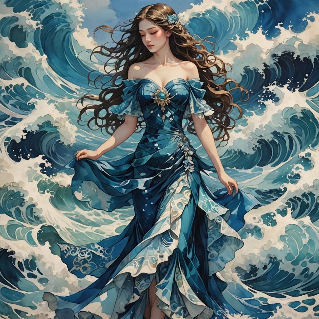The blue waves of the ocean form my dress - AI Generated Artwork ...