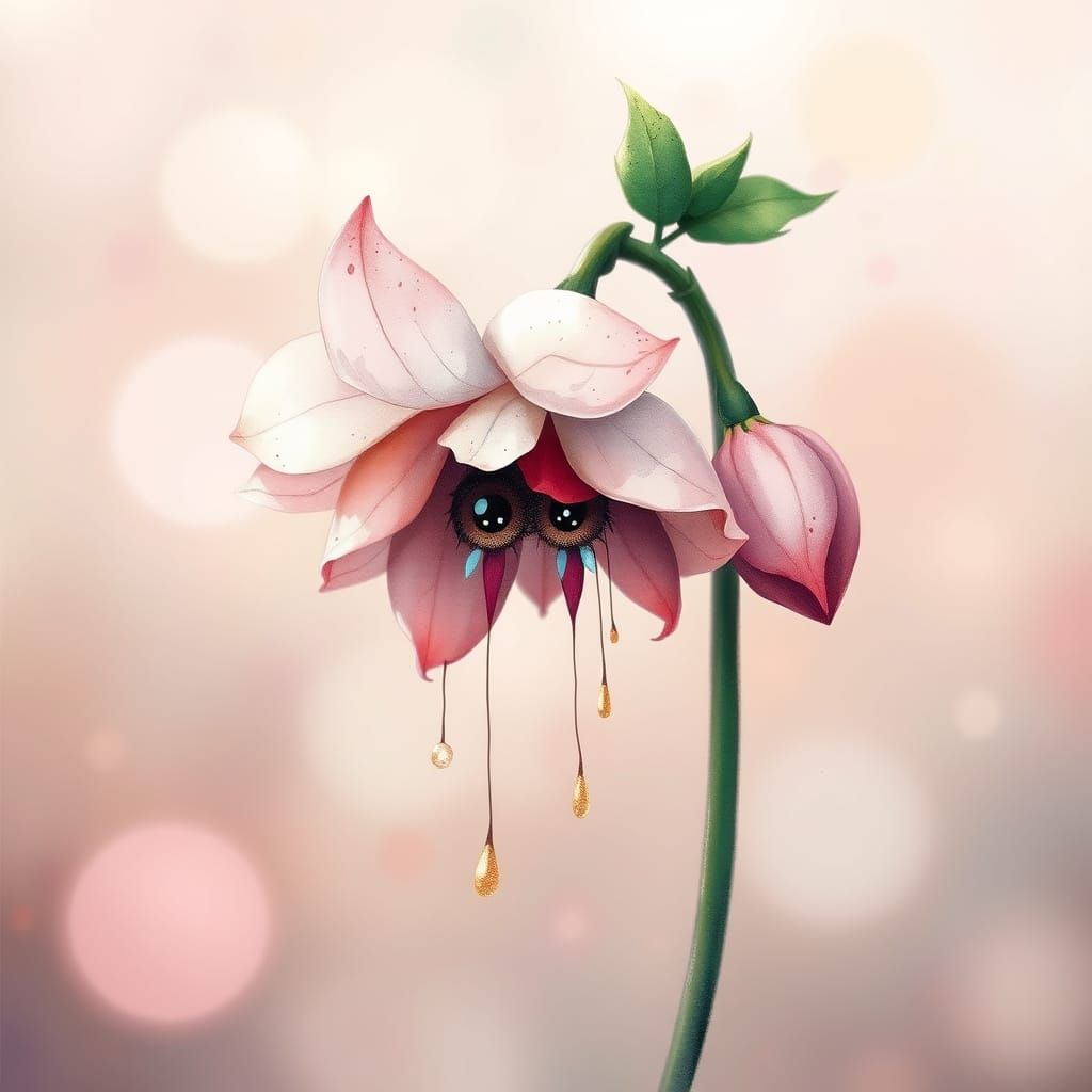 A Sad Flower - Whimsical Watercolor Flower with Tears