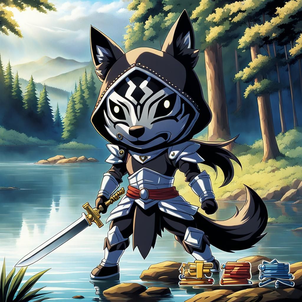 Female Chibi warrior a black wolf suit, hood with ears, wolf snout mask ...