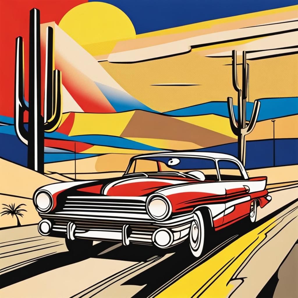 Style of Roy Lichtenstein, a car driving along a desert road - AI ...