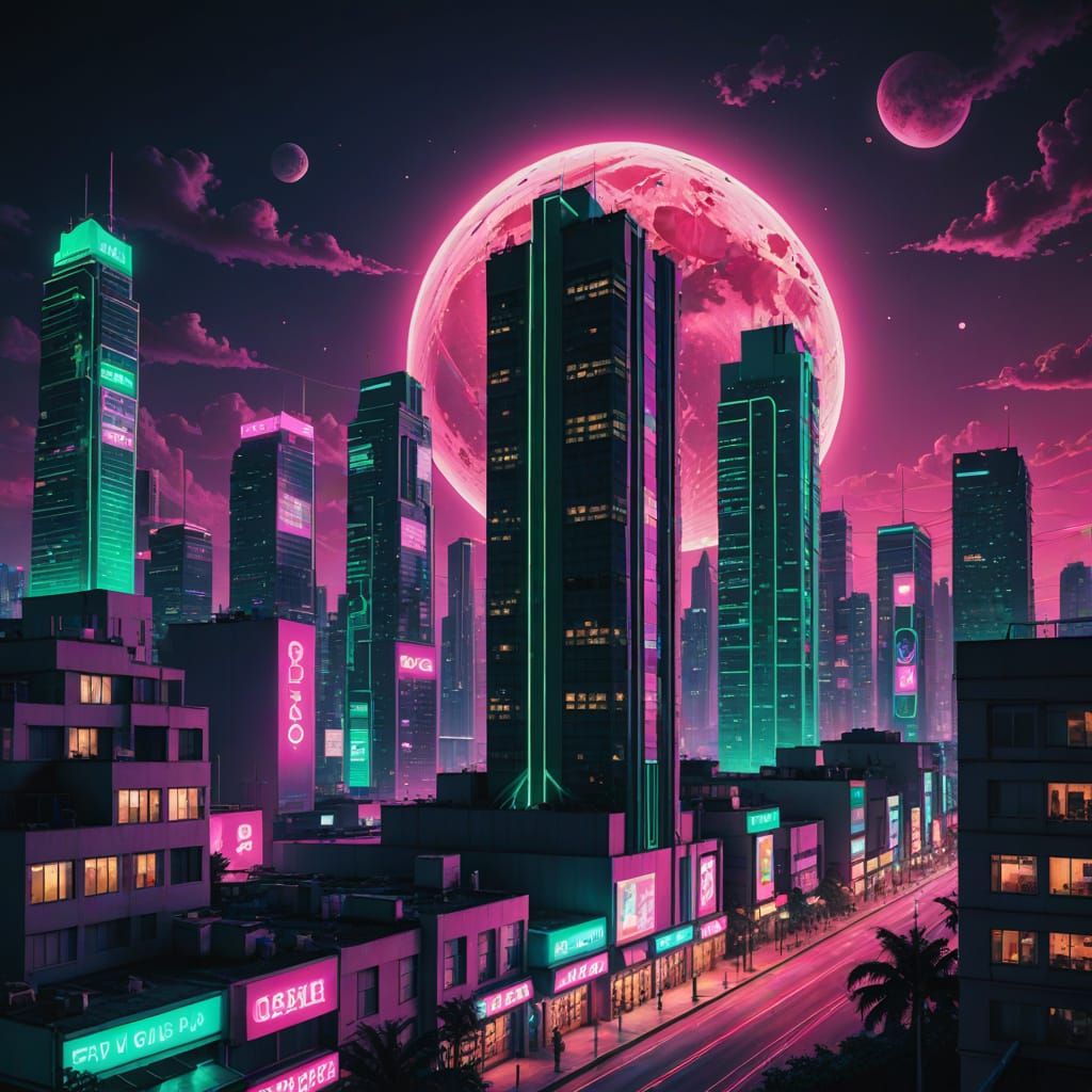 Synthwave Cityscape - Synthwave Cityscape with Lunar Eclips...