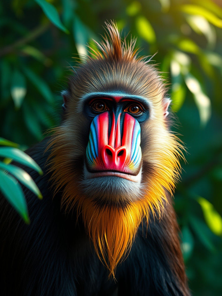 Vibrant, Male Mandrill Primate With Iridescent Facial Markings