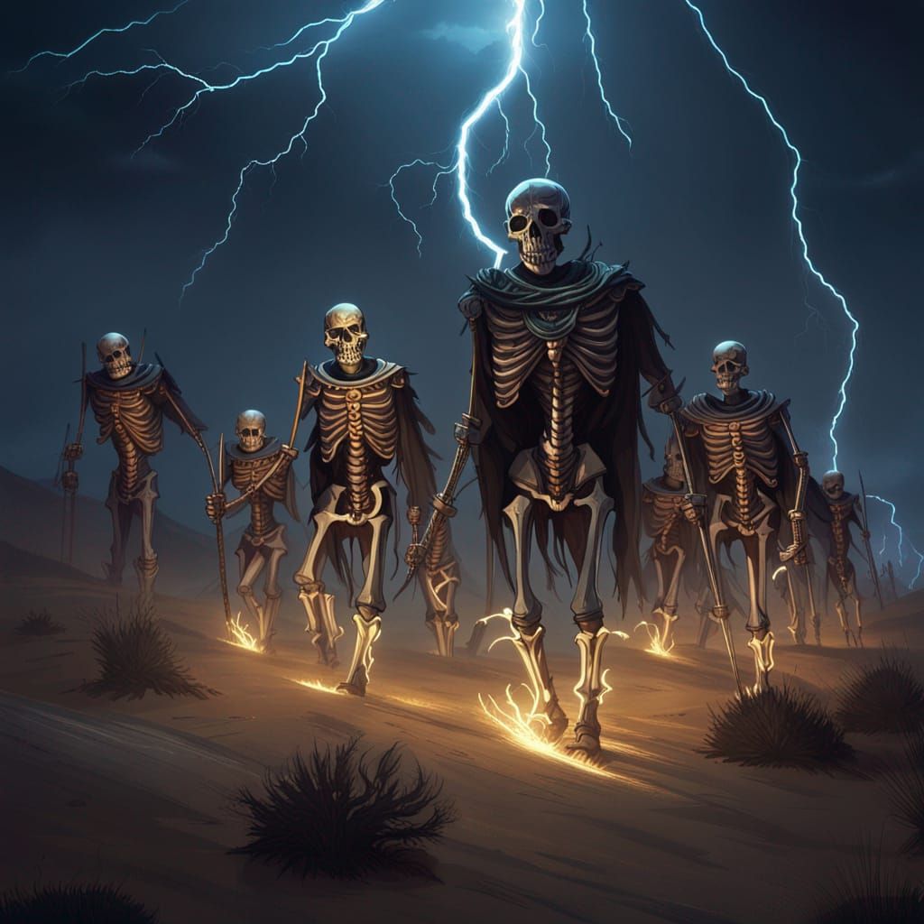 Army of skeletons walking in a desert at night illuminated by lightning ...