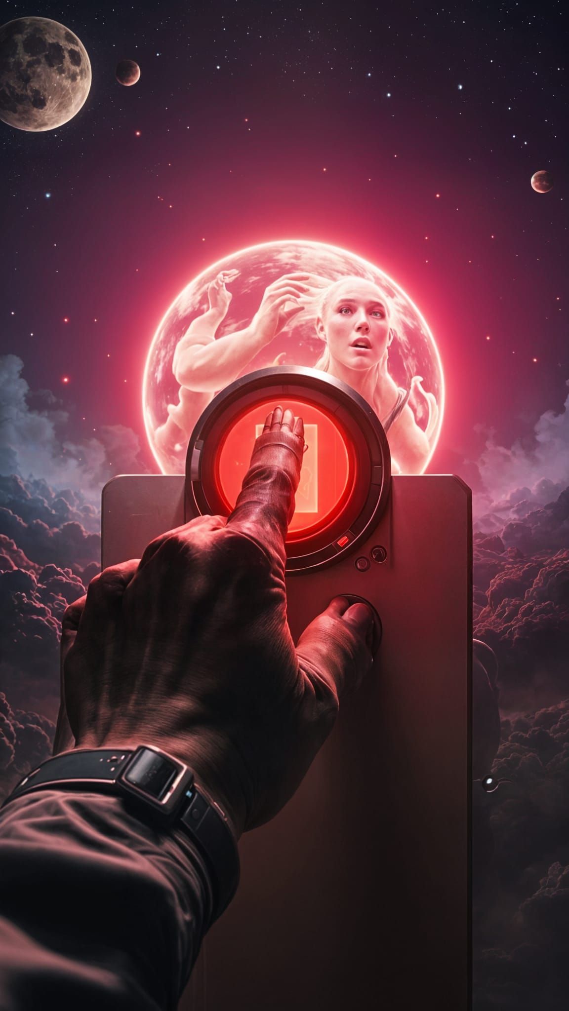 A surreal scene where pressing a button opens a portal, triggers an ...