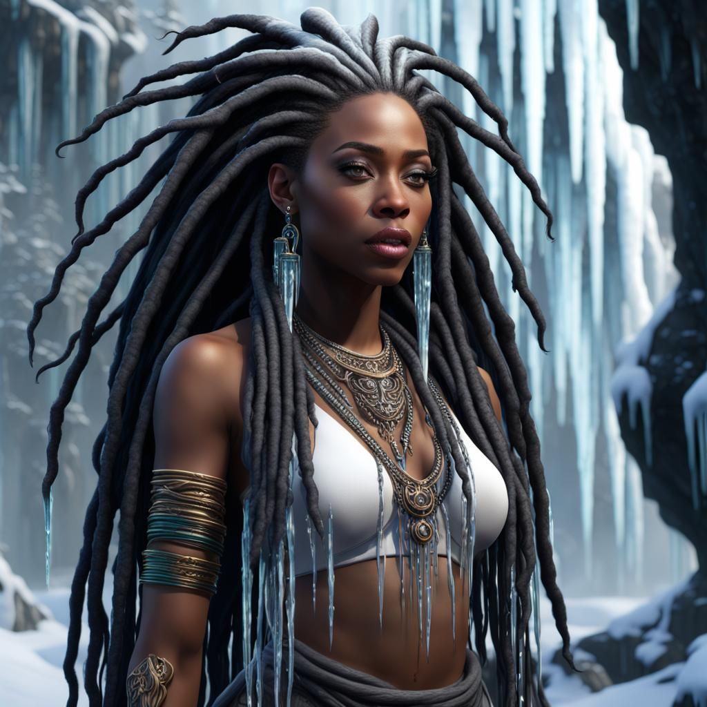 gorgeous ebony goddess with long dread Locs made of icicles - AI Generated Artwork - NightCafe ...