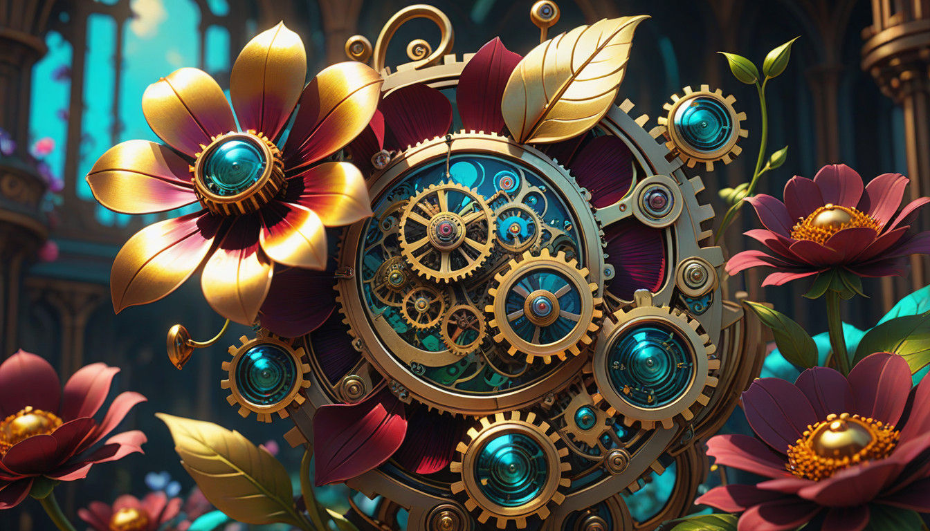 Whimsical Clockwork Bloom in Golden Light - AI Art