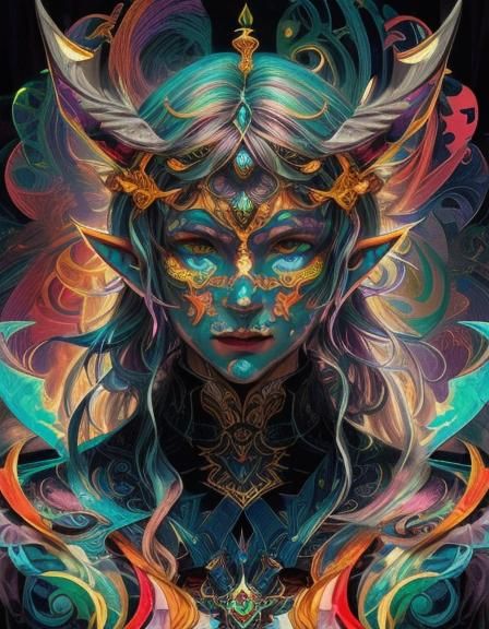 Hyper detailed cubist psychedelic artwork of elf as a charming villain ...