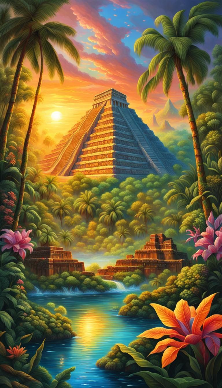 Oil painting, hyperdetailed, photorealistic Maya pyramids in jungle ...