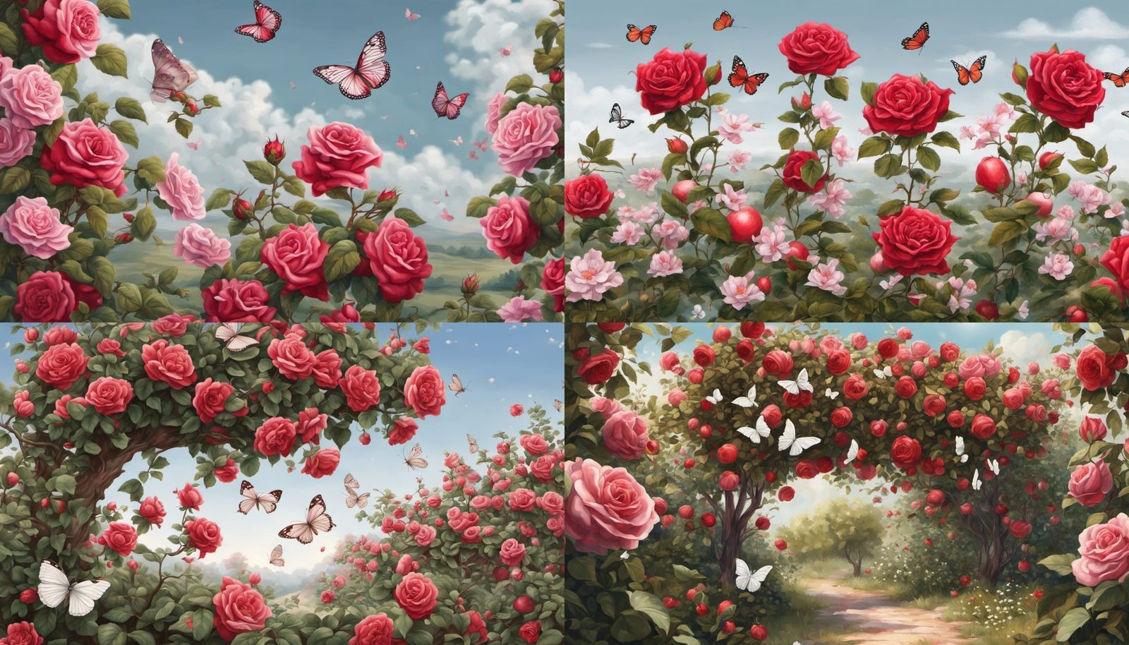Red rose bushes grow thickly on a high plateau. White butterflies flit ...