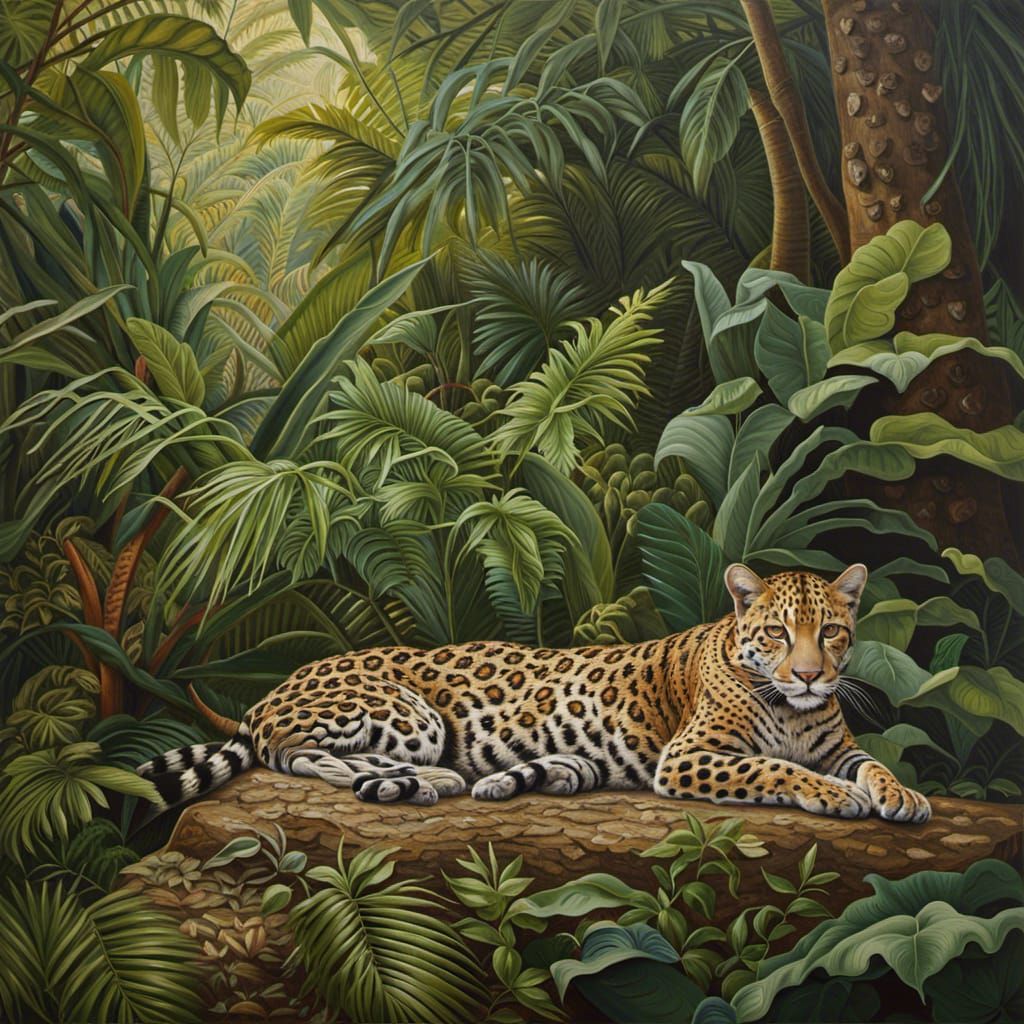 [highly detailed jungle with Ocelot laying in the sun] Carlos de Haes ...