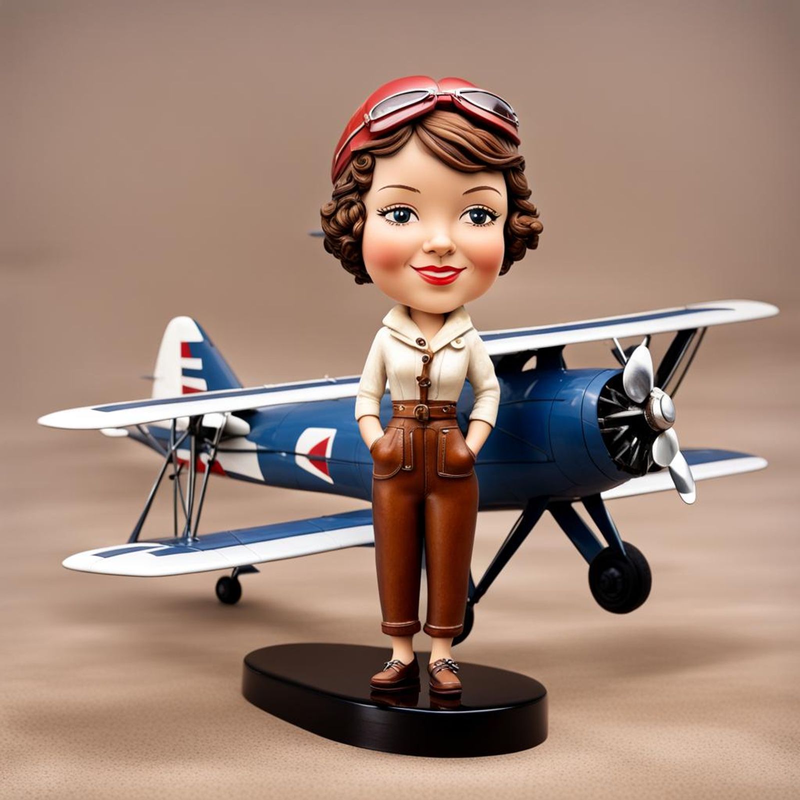 adorable amelia earhart bobblehead with a model biplane - AI Generated ...