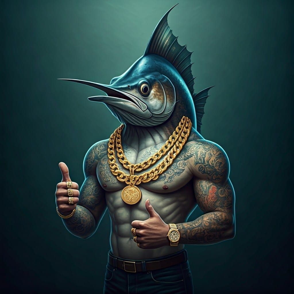 Menacing Swordfish Gangster Rapper in Gritty, Luxu... - AI Art