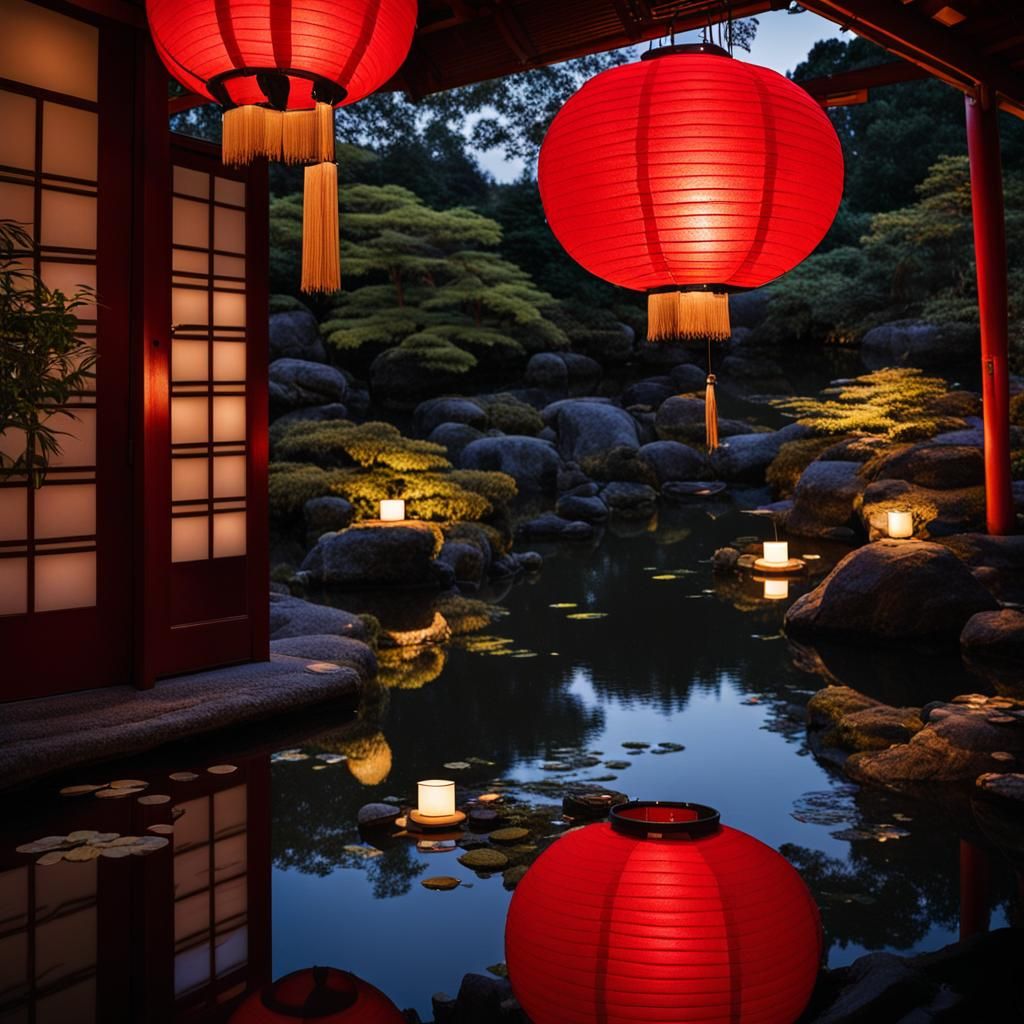 illuminated round red paper Japanese lanterns, hung around a quiet ...