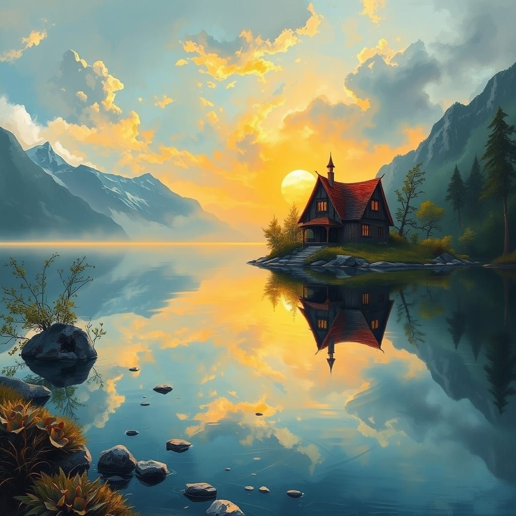 Sunrise, peaceful landscape - Surreal Cottage Reflects Golde...