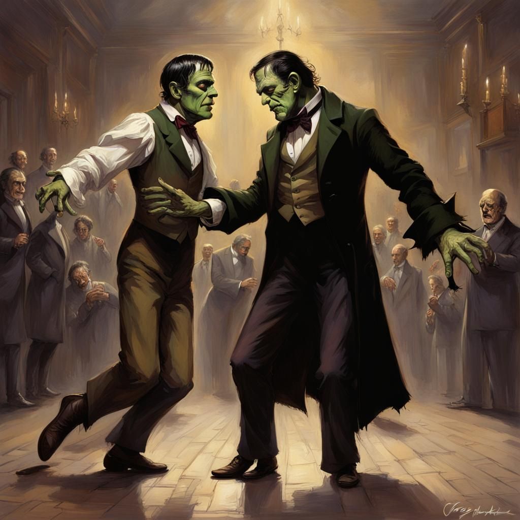 Frankenstein's monster dances a waltz with his creator, Victor ...