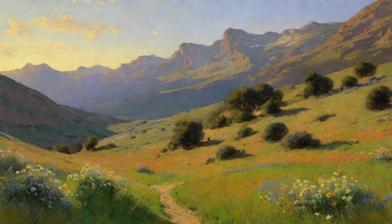 16k resolution, art by Claude Monet, Joaquín Sorolla. Mountain valley ...