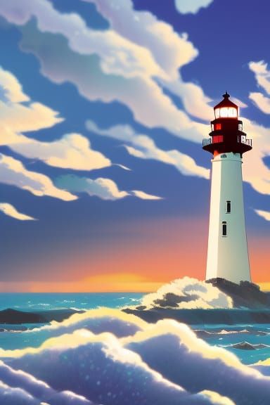 Montauk Lighthouse, with large waves, Studio Ghibli, Anime Key Visual ...