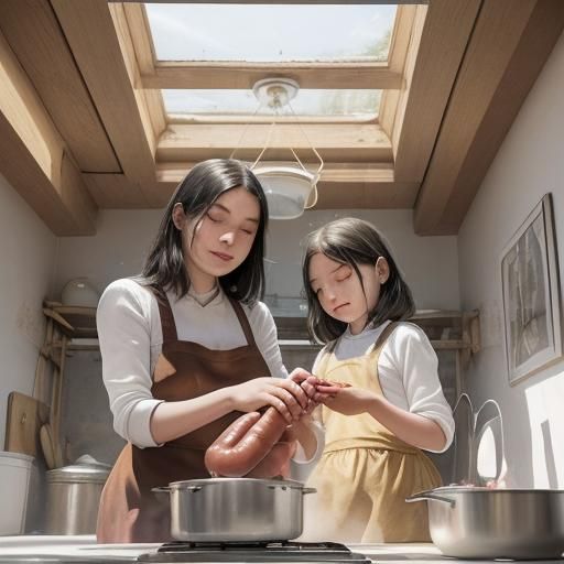 Lhasa de Sela with her Daughter Shina Moori, together at the marble counter, rolling dumblings ...