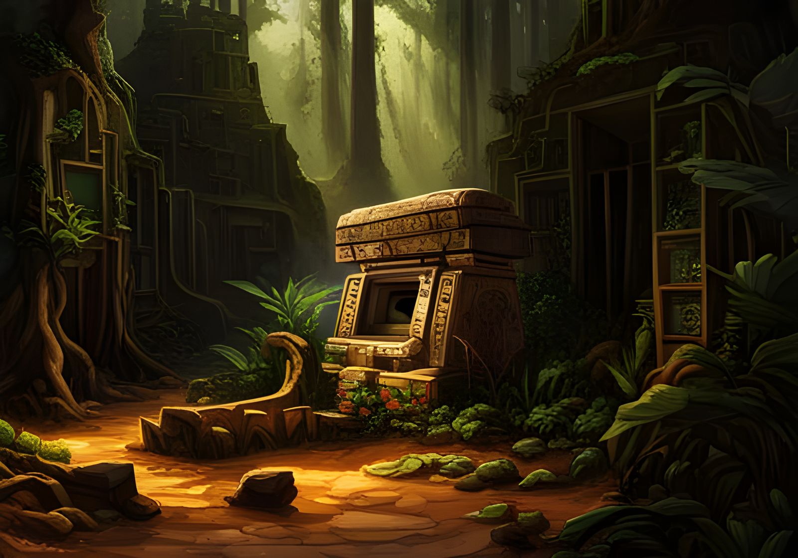 Mayan ruins of an ancient stone computer, in a forest by artist Greg ...